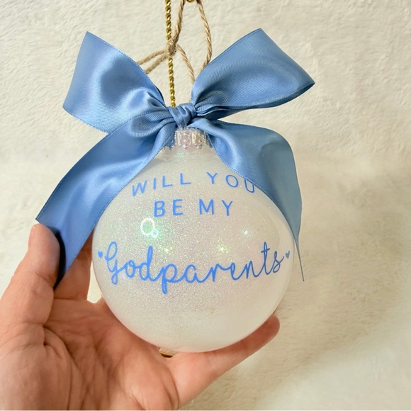 Holiday | Will You Be My Godparents White Glitter Ornament Baby Blue ...